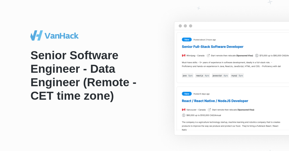 Senior Software Engineer - Data Engineer (Remote - CET time zone) - VanHack